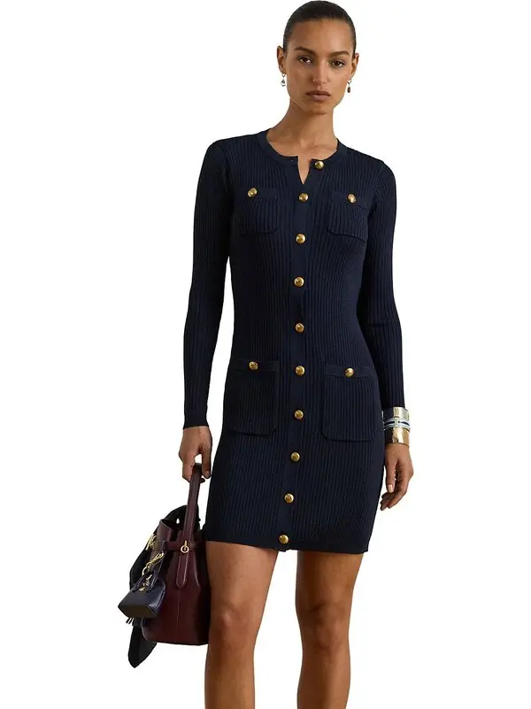 Ralph Lauren Button-trim Rib-knit Sweater Dress - Lauren Navy