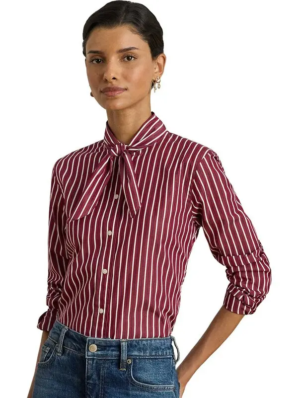 Ralph Lauren Striped Cotton Broadcloth Tie-neck Shirt - Burgandy/white Multi