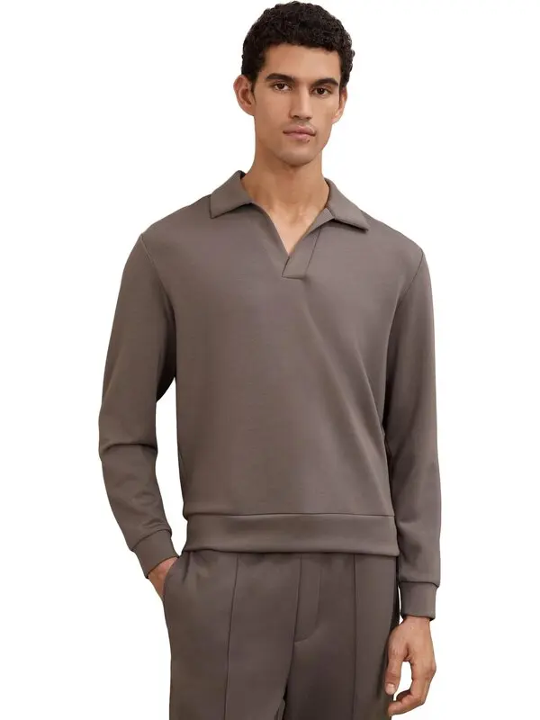 REISS Pearson Premium Interlock Open-collar Polo Sweatshirt - Light Brown