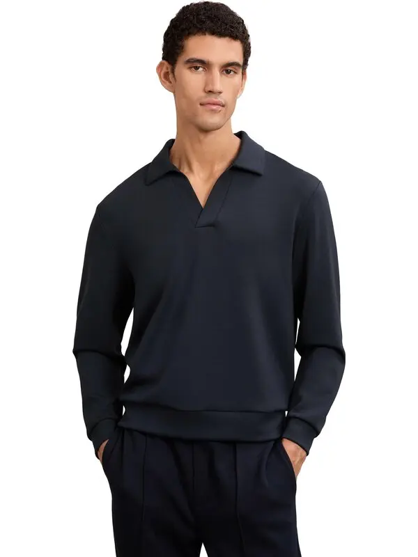 REISS Pearson Premium Interlock Open-collar Polo Sweatshirt - Navy Blue