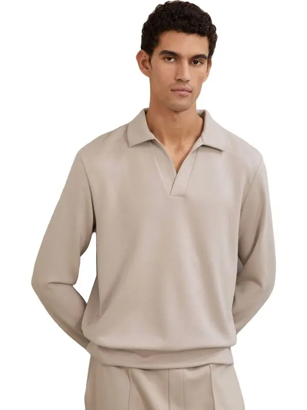 REISS Pearson Premium Interlock Open-collar Polo Sweatshirt - Stone