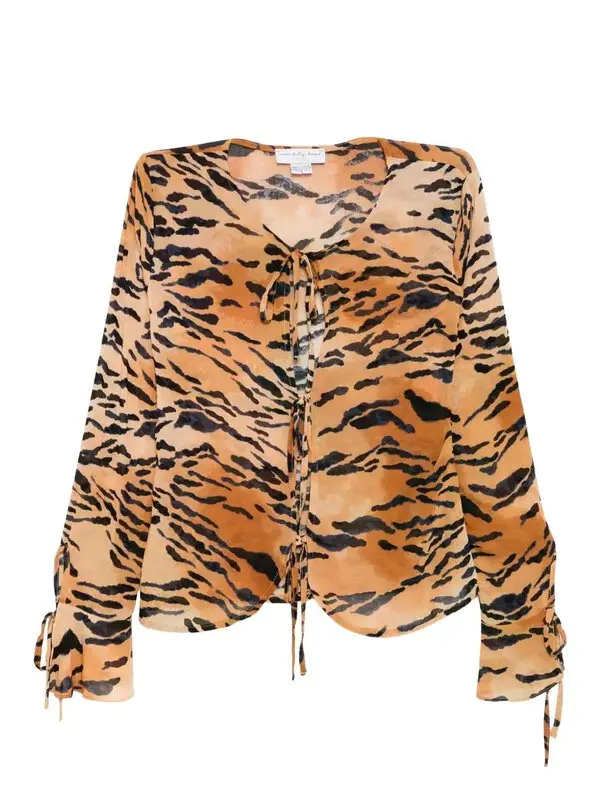 NEVER FULLY DRESSED Animal Print Tie Blouse - Orange