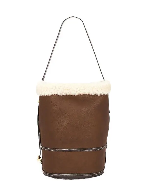 Polo Ralph Lauren Shearling And Tumbled Leather Sling Bucket Bag - Luggage & Cream