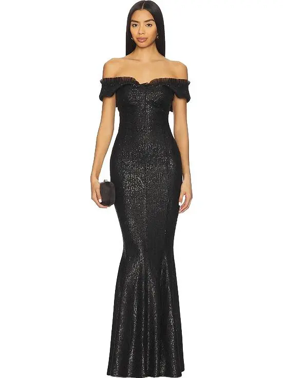 Norma Kamali Double Drop Shoulder Grace Fishtail Gown - Black