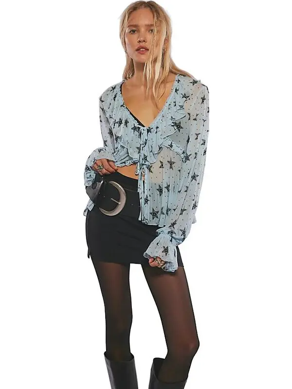 Free People Printed Long Sleeve Top - Baby Blue Combo