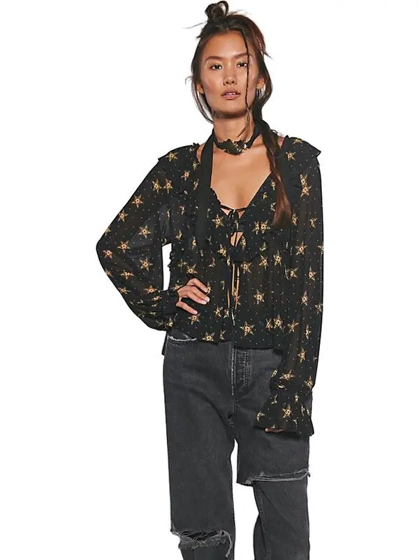 Free People Printed Long Sleeve Top - Black Combo