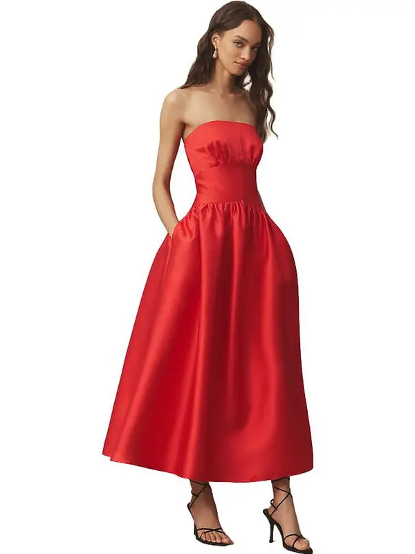Shoshanna Mikado Posy Strapless Midi Dress - Red