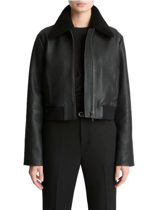 Vince Shearling-trim Shrunken Leather Jacket - Black