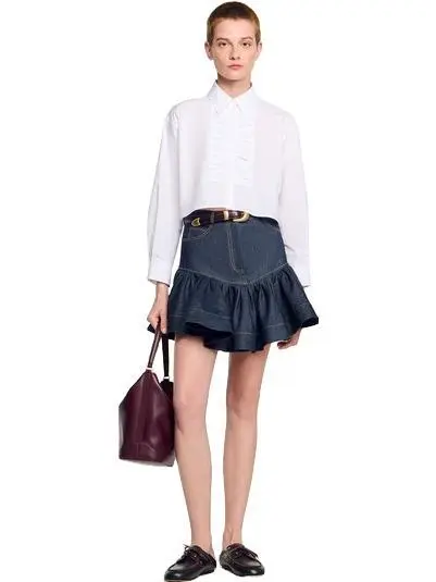 Sandro Cropped Shirt With Bow Effect Bib - Natural