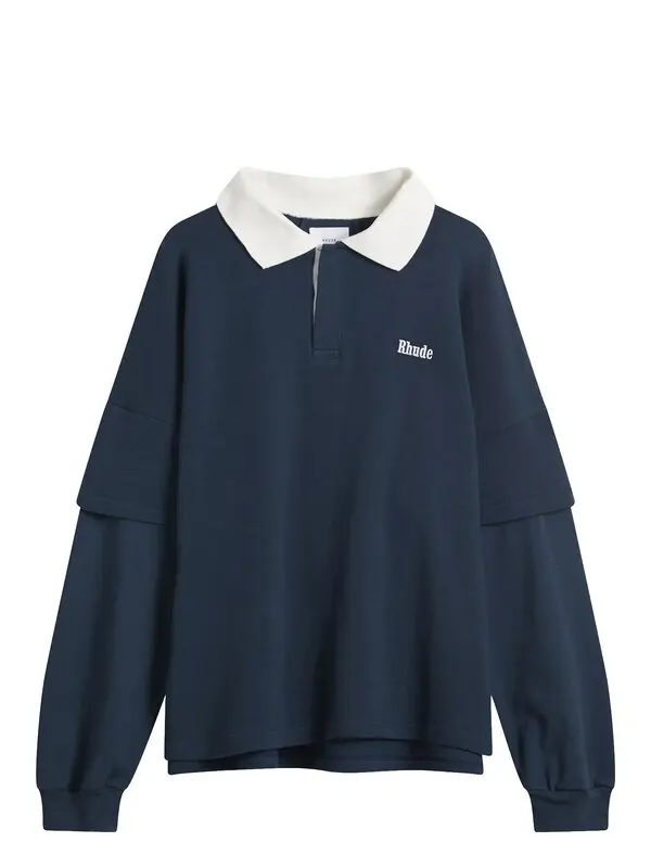 Rhude Striped Layered Long Sleeve Pique Polo - Dark Navy/white