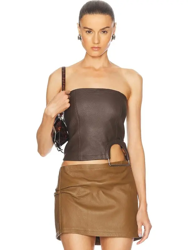 JADE CROPPER Leather Bustier Top - Dark Brown
