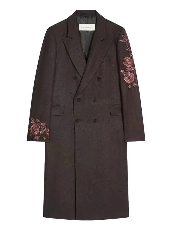 Dries Van Noten Floral-embroidered Wool Coat - Brown