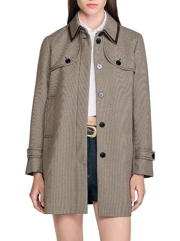 Sandro Houndstooth Trench Coat - Brown/ Beige