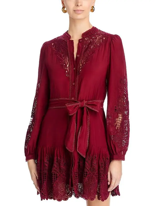 Farm Rio Long Sleeve Lace Detail Mini Dress - Burgundy