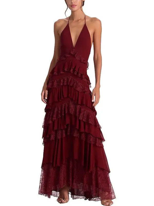 Alice + Olivia Liana V-neck Ruffle Maxi Dress - Oxblood