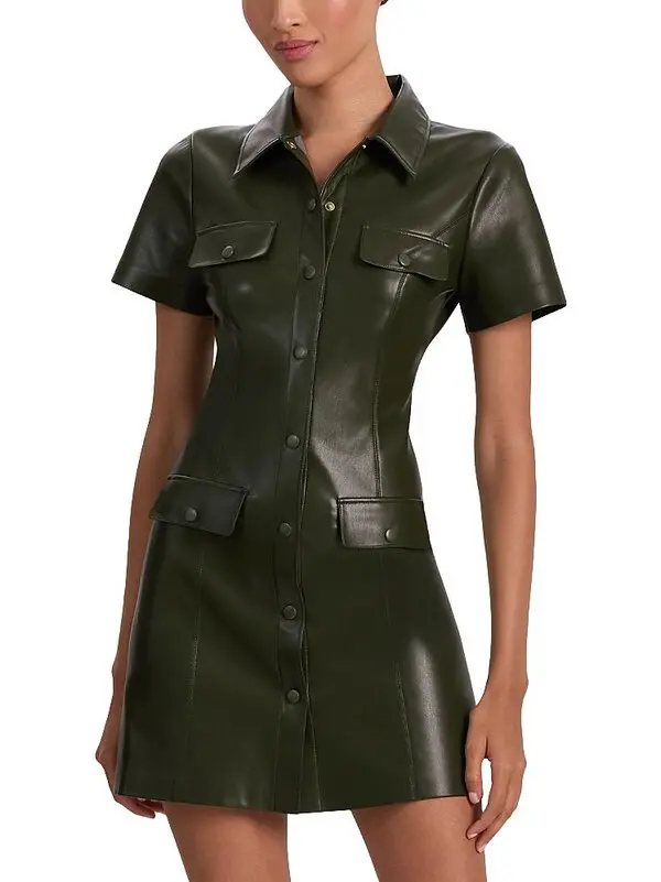 Alice + Olivia Jamie Faux Leather Collared Dress - Dark Olive