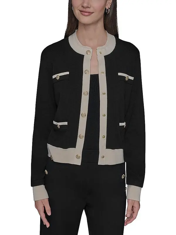 Karl Lagerfeld Paris Contrast Trim Cardigan - Black/ Birch