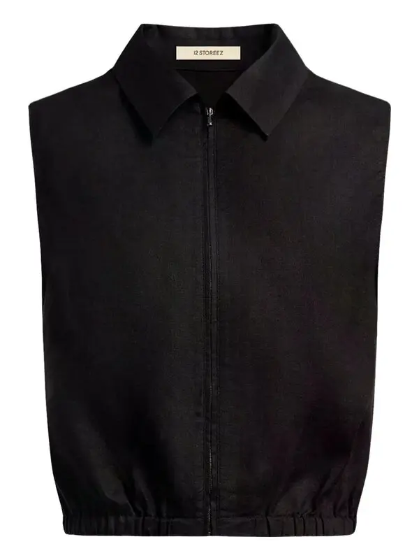 12 STOREEZ Zip-front Linen Shirt - Black