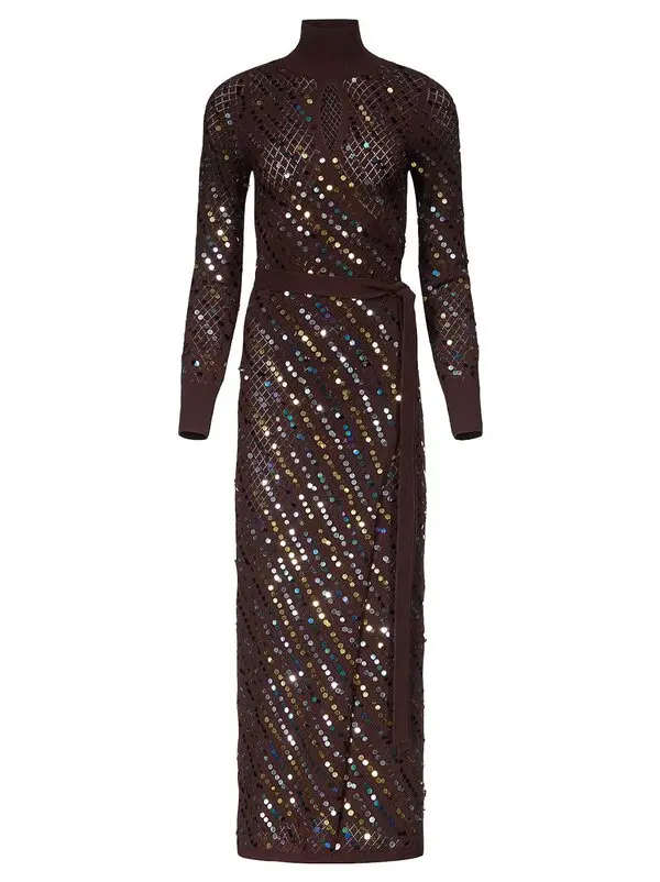 Diane Von Furstenberg X Henry Zankov Murray Sequin Pointelle Knit Maxi Wrap Dress - Chocolate