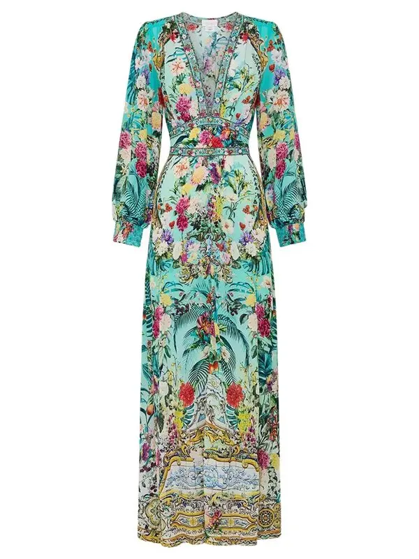 Camilla Floral-print Maxi Dress With Crystal Embellishments - Blue