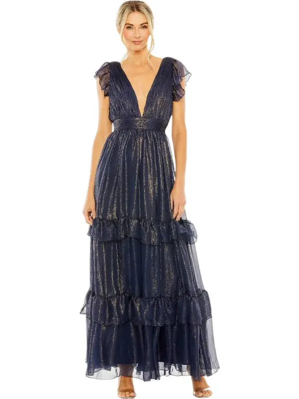 Mac Duggal Ruched Top Flutter Sleeve Deep V Gown - Midnight