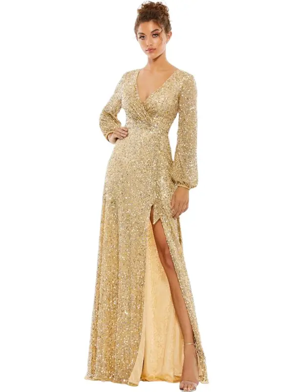 Mac Duggal Sequin Long Sleeve Gown - Gold
