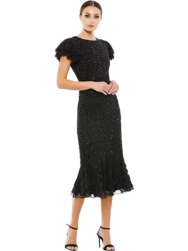 Mac Duggal Hand Beaded Flounce Sleeve Midi Dress - Black