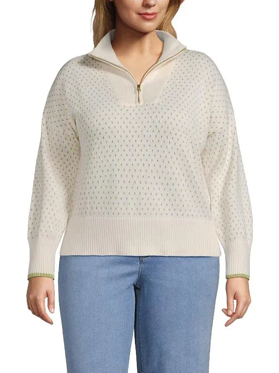 LANDS' END Drifter Shaker Wedge Quarter Zip Sweater - Ivory/gold Tipping