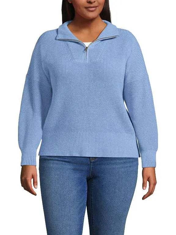 LANDS' END Drifter Shaker Wedge Quarter Zip Sweater - Light True Blue Heather