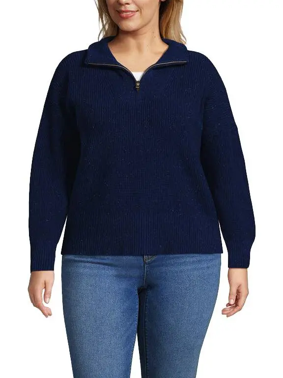 LANDS' END Drifter Shaker Wedge Quarter Zip Sweater - Navy Ice Multi Donegal
