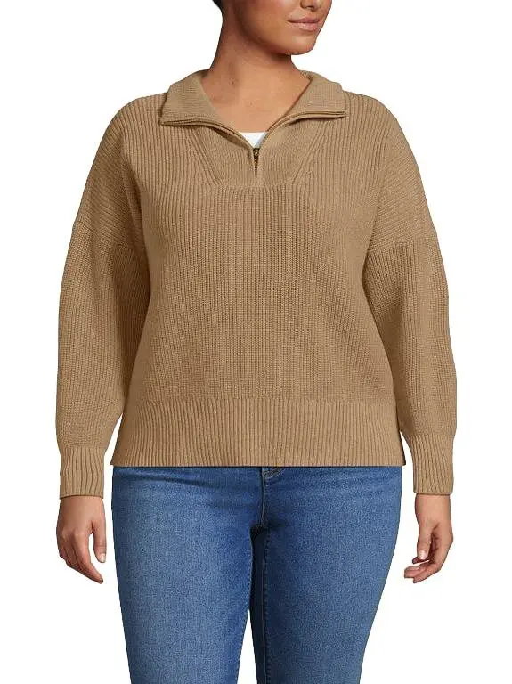 LANDS' END Drifter Shaker Wedge Quarter Zip Sweater - Vicuna Heather