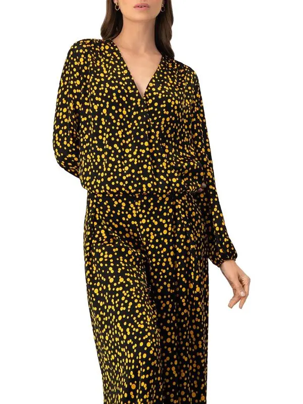 IVONNE Polka Dot V-neck Long Sleeve Blouse - Black