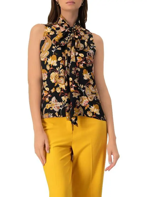 IVONNE Printed V-neck Sleeveless Blouse With Neck Ties - Multicolor