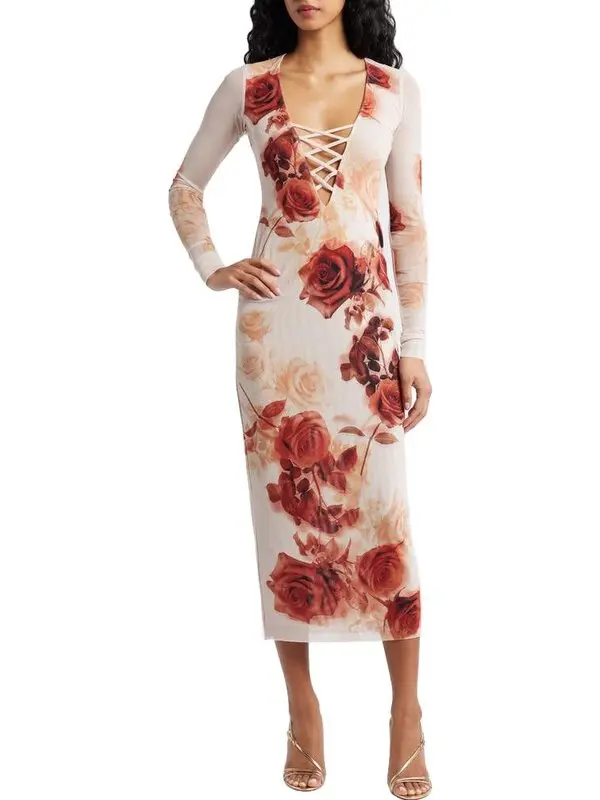 AFRM Printed Mesh Midi Dress - Sepia Roses