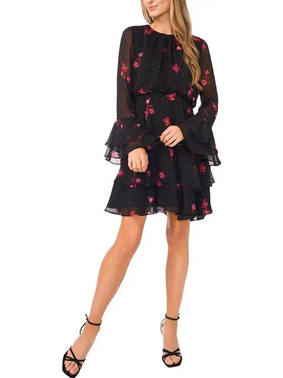 CECE DUPRAZ Floral Ruffle Long Sleeve Chiffon Dress - Rich Black