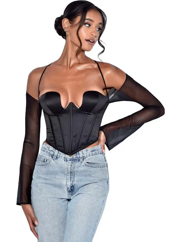 MISS CIRCLE Mesh Sleeve Halter Corset Satin Top - Black