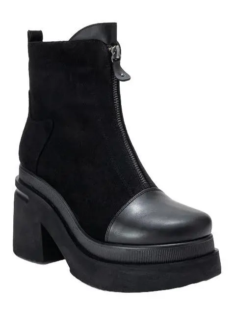 PROLOGUE SHOES Ardenne Platform Zip Up Boots - Black Suede Faux Leather