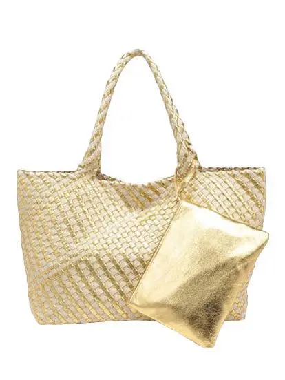 MODA LUXE Woven Vegan Leather Tote - Gold Ivory