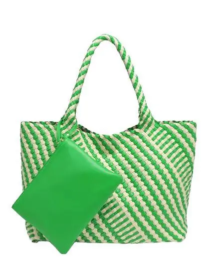 MODA LUXE Woven Vegan Leather Tote - Green Ivory