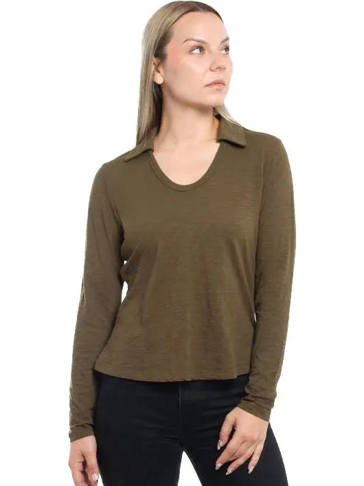 WILT CLOTHING Scoop Neck Long Sleeve Polo T-shirt - Dark Olive