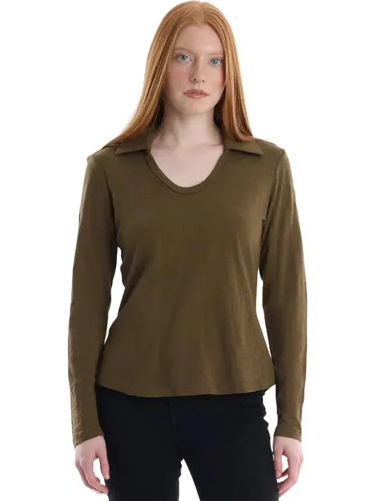 WILT CLOTHING Scoop Neck Long Sleeve Polo T-shirt - Dark Olive