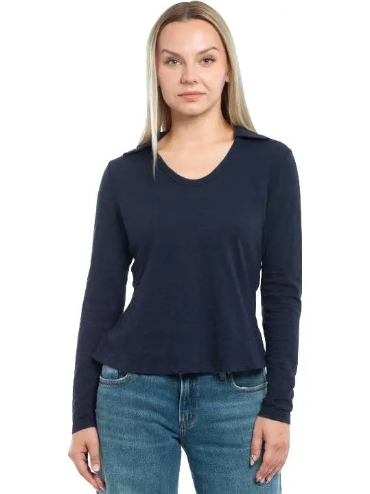 WILT CLOTHING Scoop Neck Long Sleeve Polo T-shirt - Peacoat