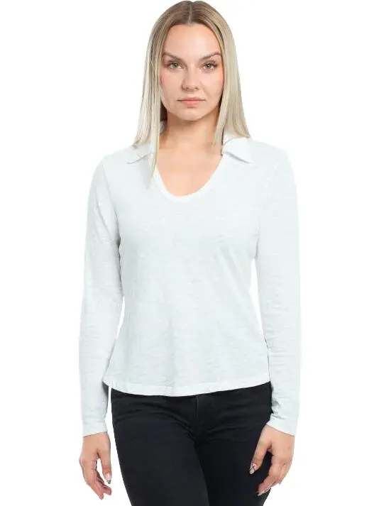 WILT CLOTHING Scoop Neck Long Sleeve Polo T-shirt - White
