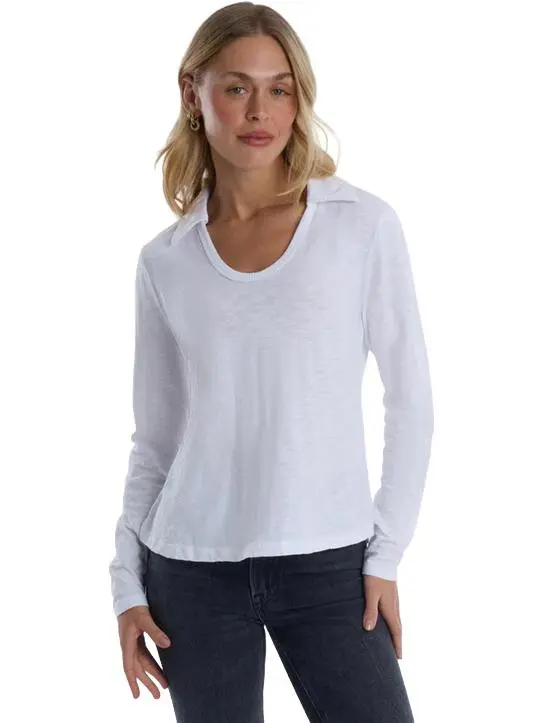 WILT CLOTHING Scoop Neck Long Sleeve Polo T-shirt - White