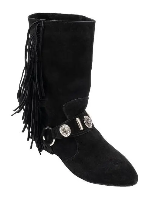 FOREVER & ALWAYS SHOES Selora Leather Buckle Western Boots - Black Suede Leather