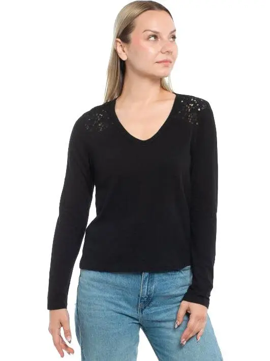 WILT CLOTHING V-neck Long Sleeve Mixed Media Tee With Lace Inset - Black