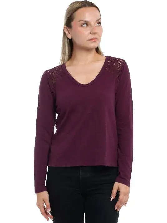 WILT CLOTHING V-neck Long Sleeve Mixed Media Tee With Lace Inset - Dark Fig
