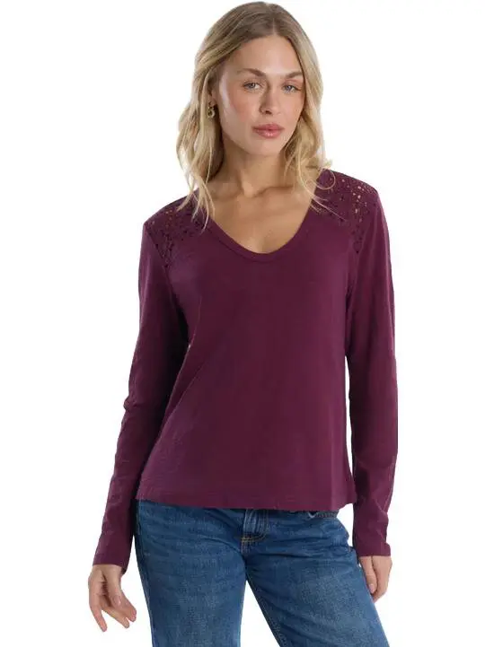 WILT CLOTHING V-neck Long Sleeve Mixed Media Tee With Lace Inset - Dark Fig