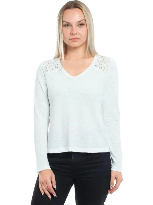 WILT CLOTHING V-neck Long Sleeve Mixed Media Tee With Lace Inset - White