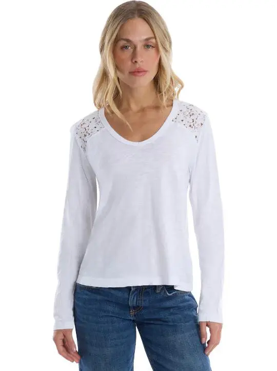 WILT CLOTHING V-neck Long Sleeve Mixed Media Tee With Lace Inset - White
